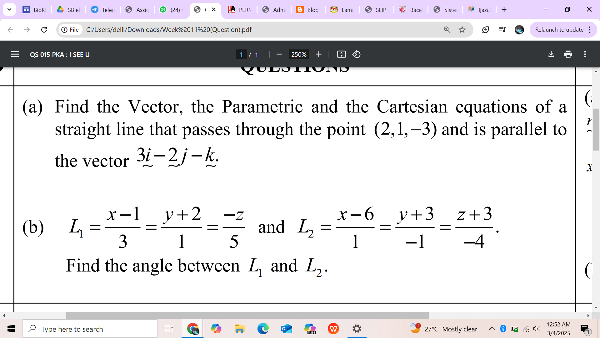 (a) Find the Vector, the Parametric and the | StudyX
