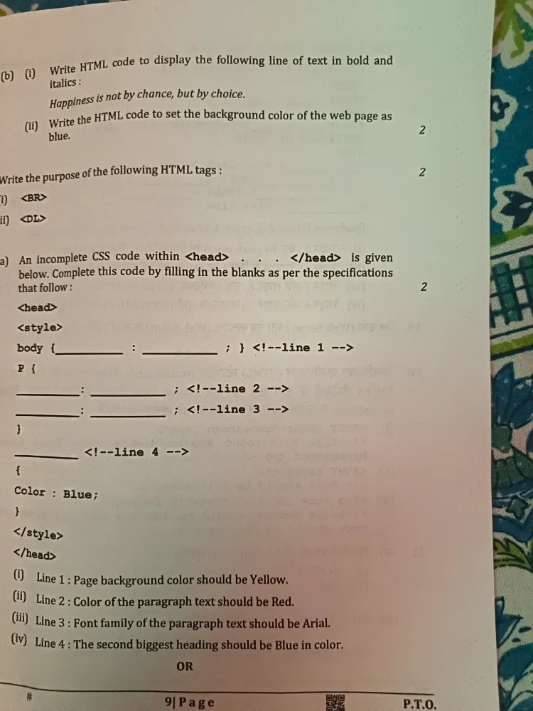 (b) (i) Write HTML code to display the