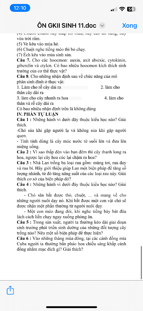 Câu 7. Cho các hoocmon: auxin, axit absixic, | StudyX