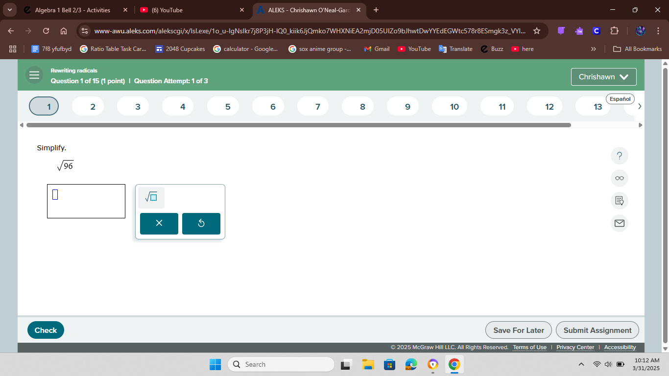 Simplifying Square Root of 96 | StudyX