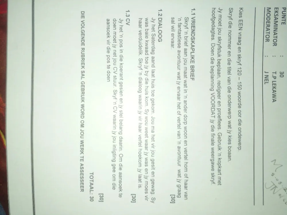 Kies EEN vraag en skryf 120 - 150 woorde oor