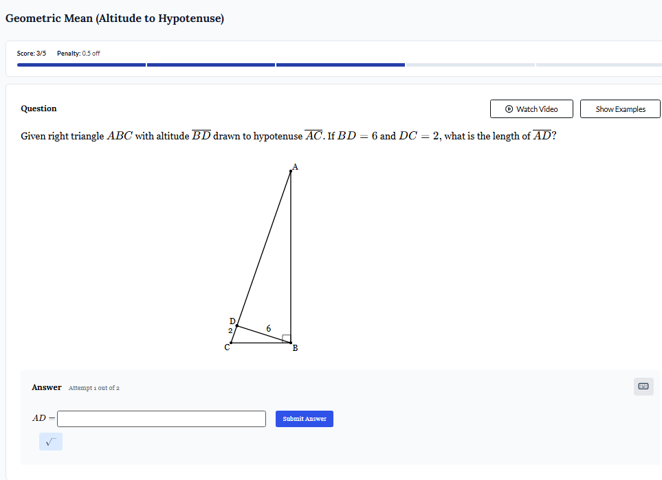 Given right triangle $ABC$ with altitude $ | StudyX