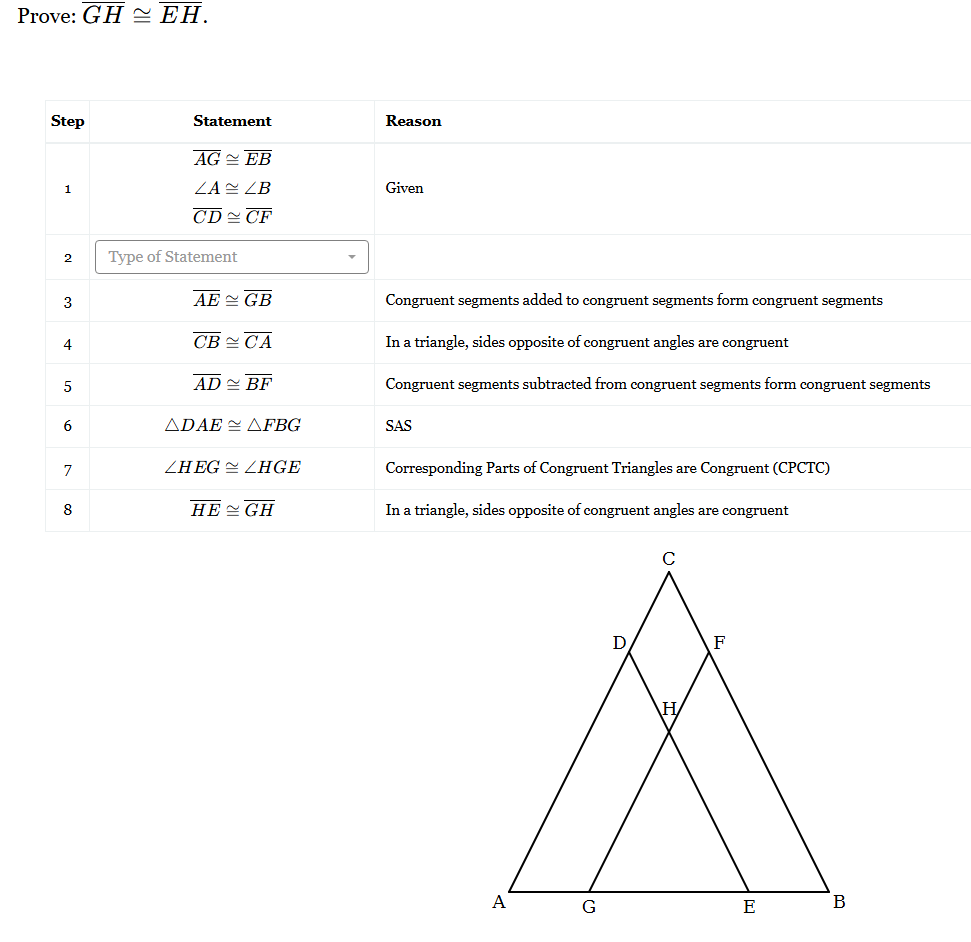 Prove: $ {GH} {EH}$. | Step | Statement | StudyX