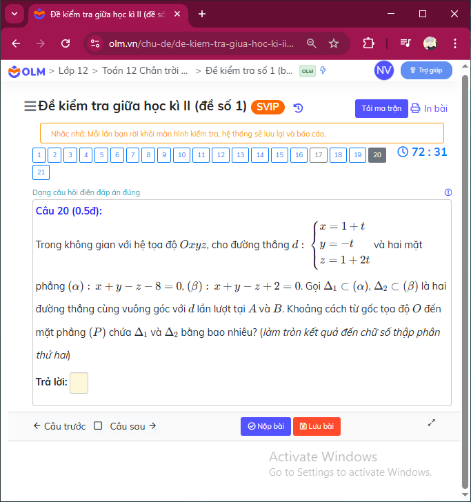 Trong không gian với hệ tọa độ $Oxyz$, cho | StudyX