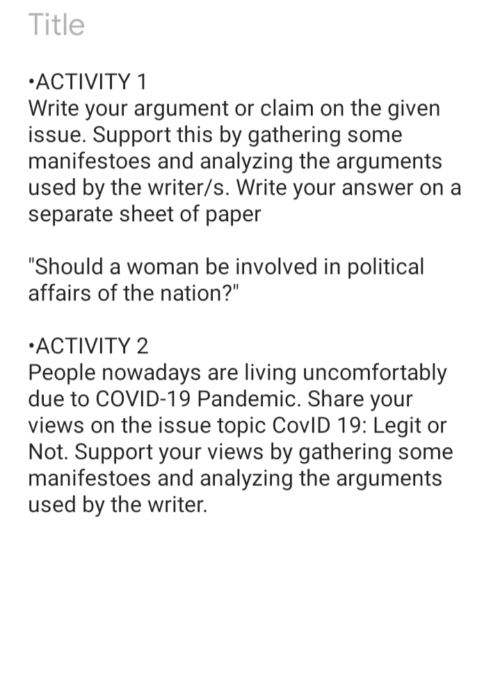 Title -ACTIVITY 1 Write your argument or | StudyX
