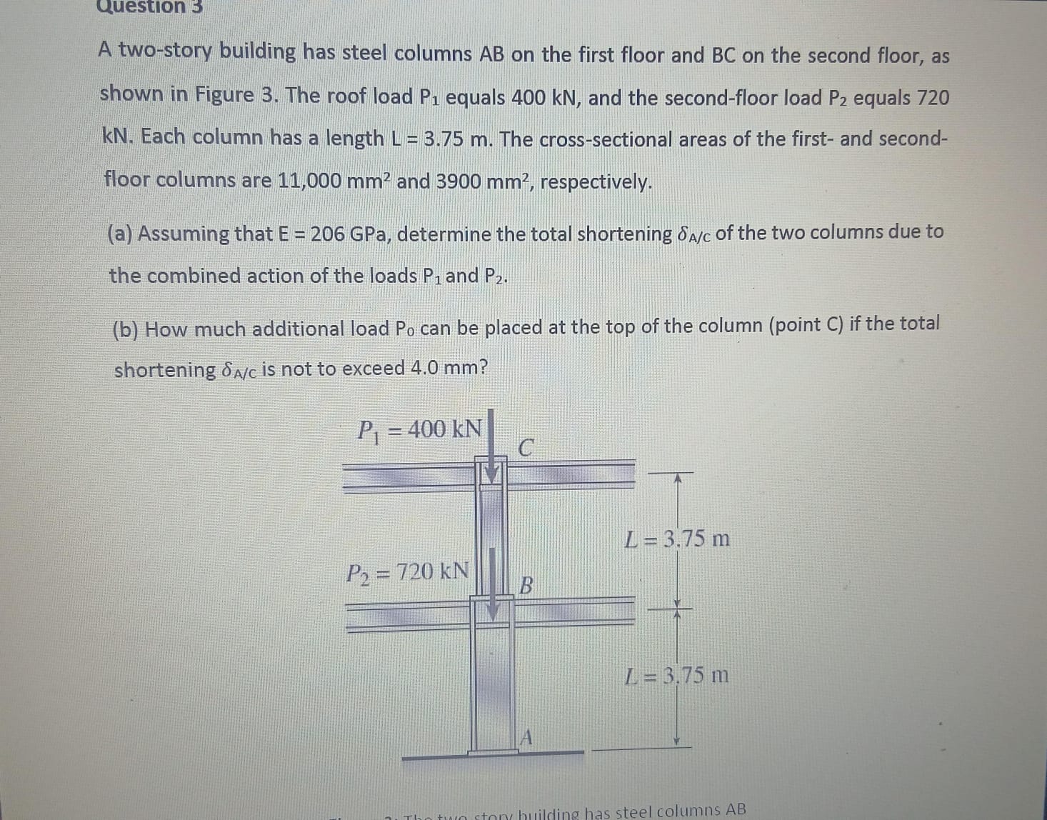 A two-story building has steel columns AB on