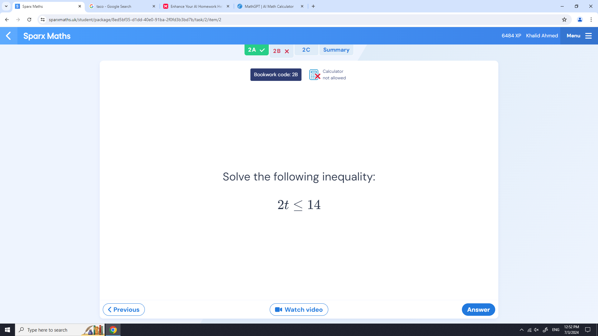 Sparx Maths 6484 XP Khalid Ahmed Menu 2 A 2 | StudyX