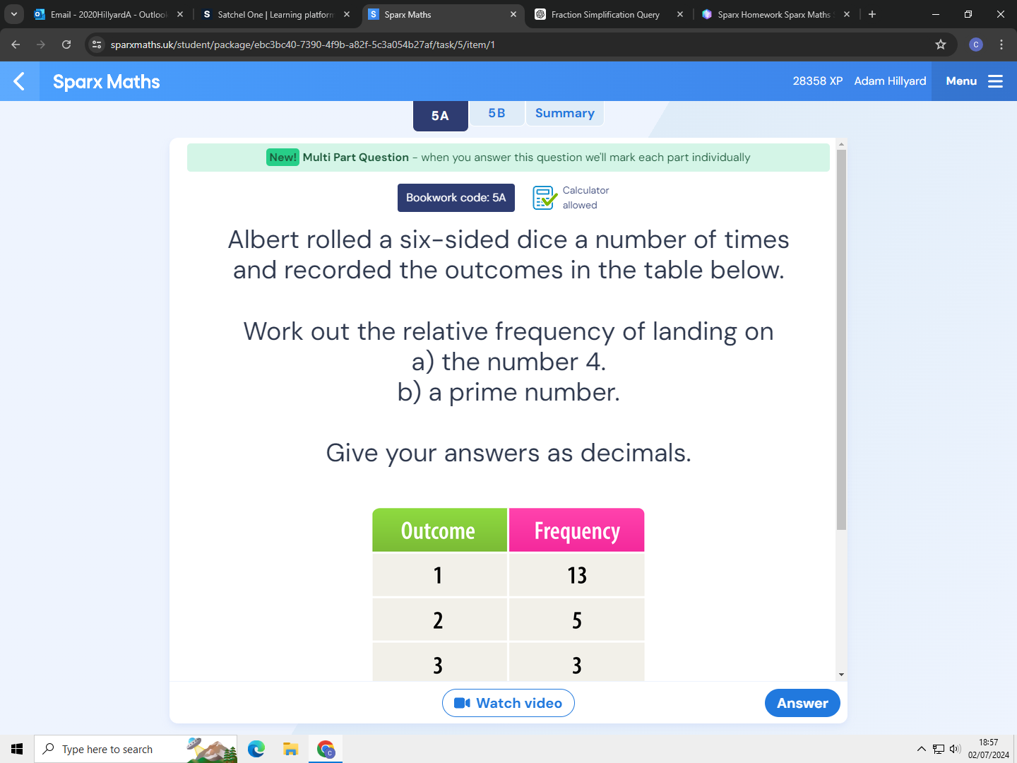 Sparx Maths 28358 XP Adam Hillyard Menu 5A | StudyX