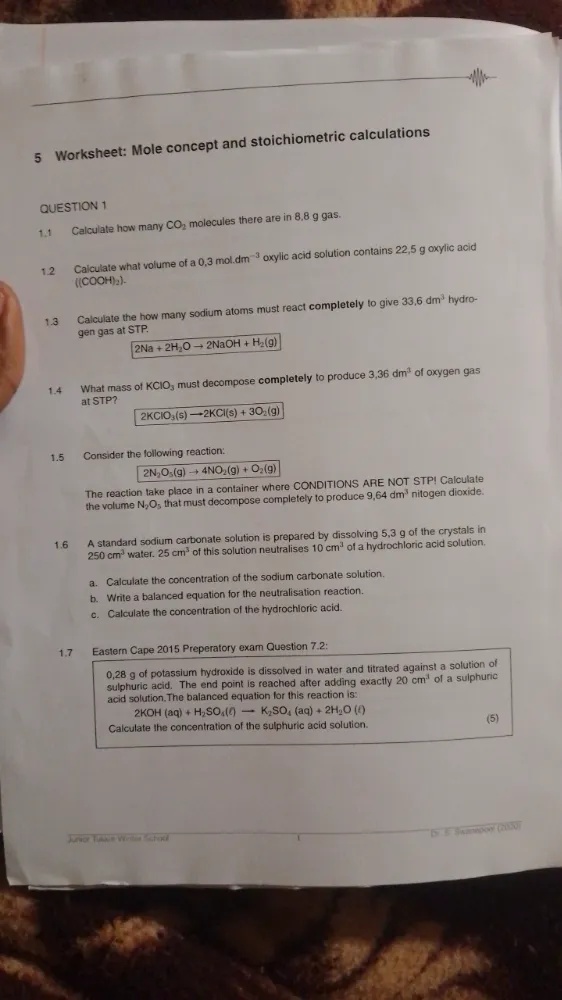 5 Worksheet: Mole concept and stoichiometric | StudyX