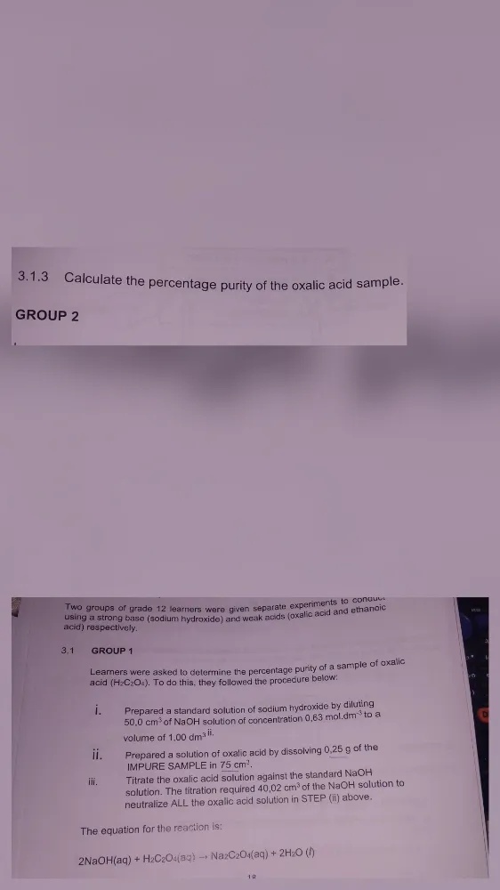 3.1.3 Calculate the percentage purity of the | StudyX