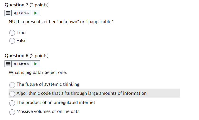 Question 7 (2 points) NULL represents | StudyX