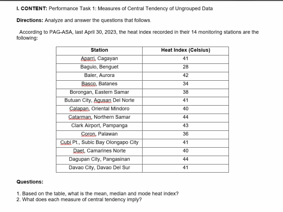I. CONTENT: Performance Task 1: Measures of | StudyX