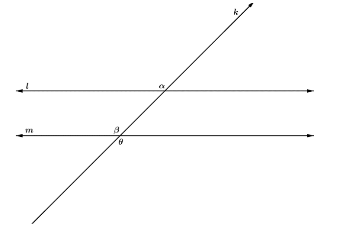 Given parallel lines l and m, line k is a