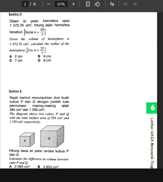 Soalan 4 Diberi isi padu hemisfera ialah 1 | StudyX