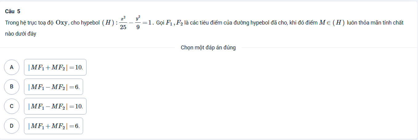 Trong hệ trục tọa độ Oxy, cho hypebol $(H): | StudyX