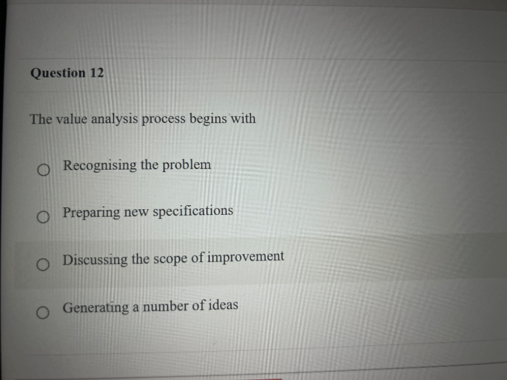 Question 12 The value analysis process