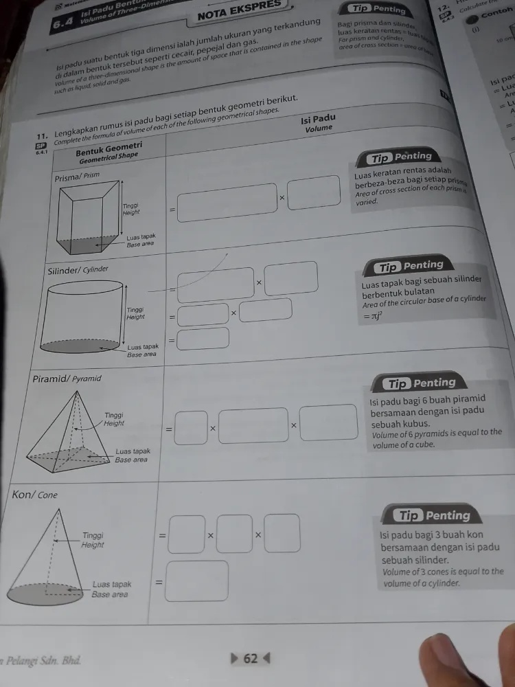 Lengkapkan rumus isi padu bagi setiap bentuk