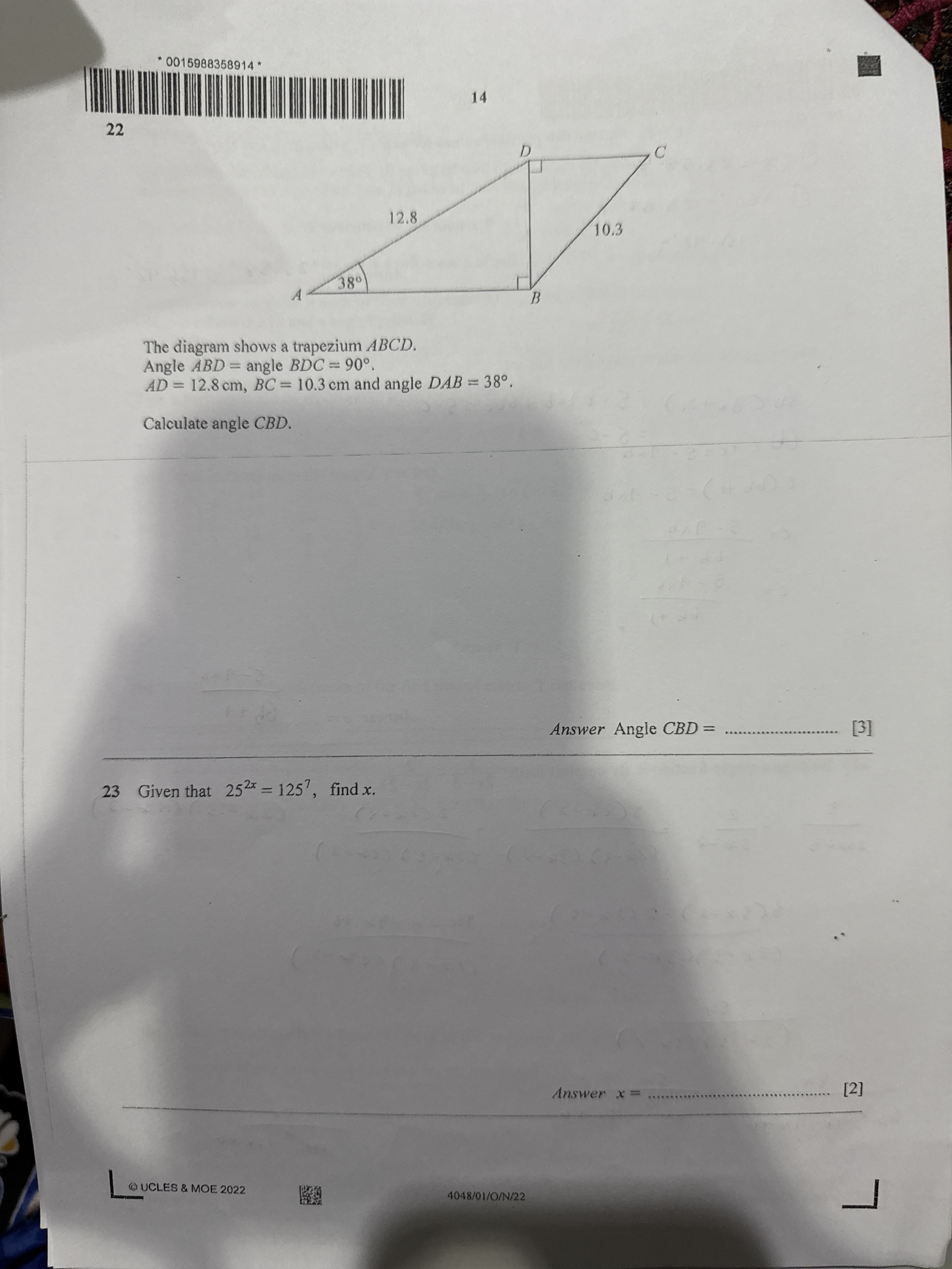 The diagram shows a trapezium ABCD. Angle