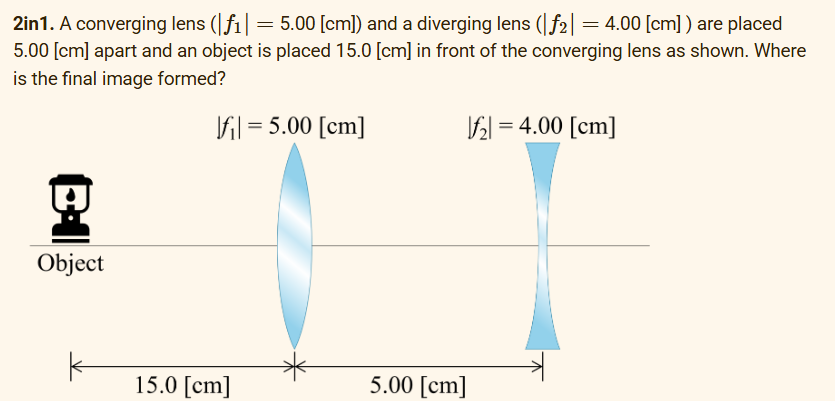 2in1. A converging lens (|f₁| = 5.00 [cm]) | StudyX