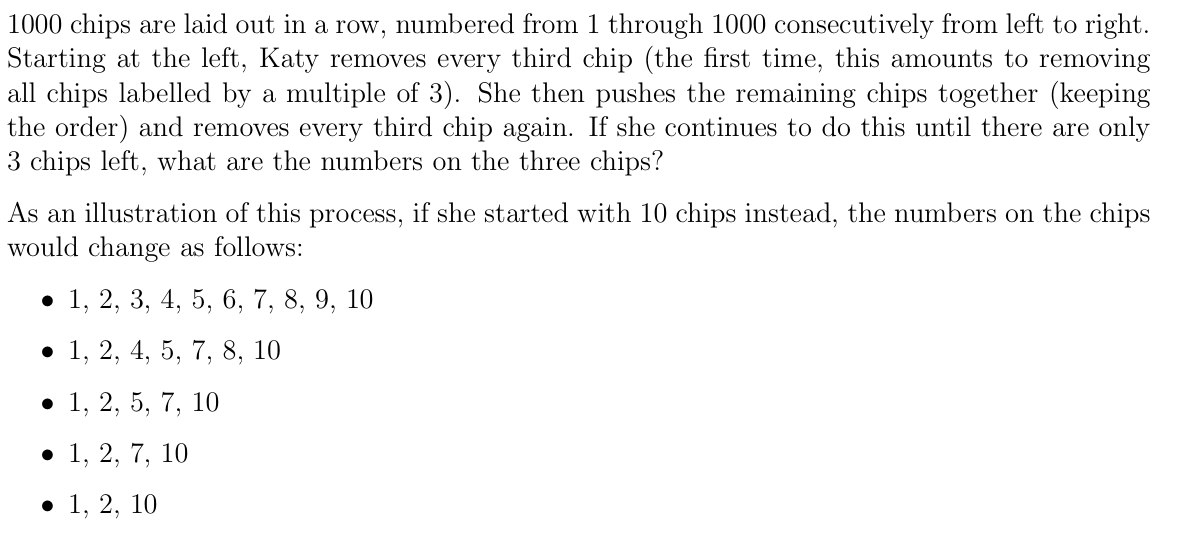 1000 chips are laid out in a row, numbered