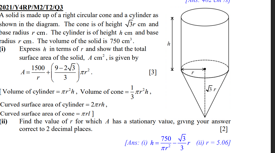 A solid is made up of a right circular cone | StudyX