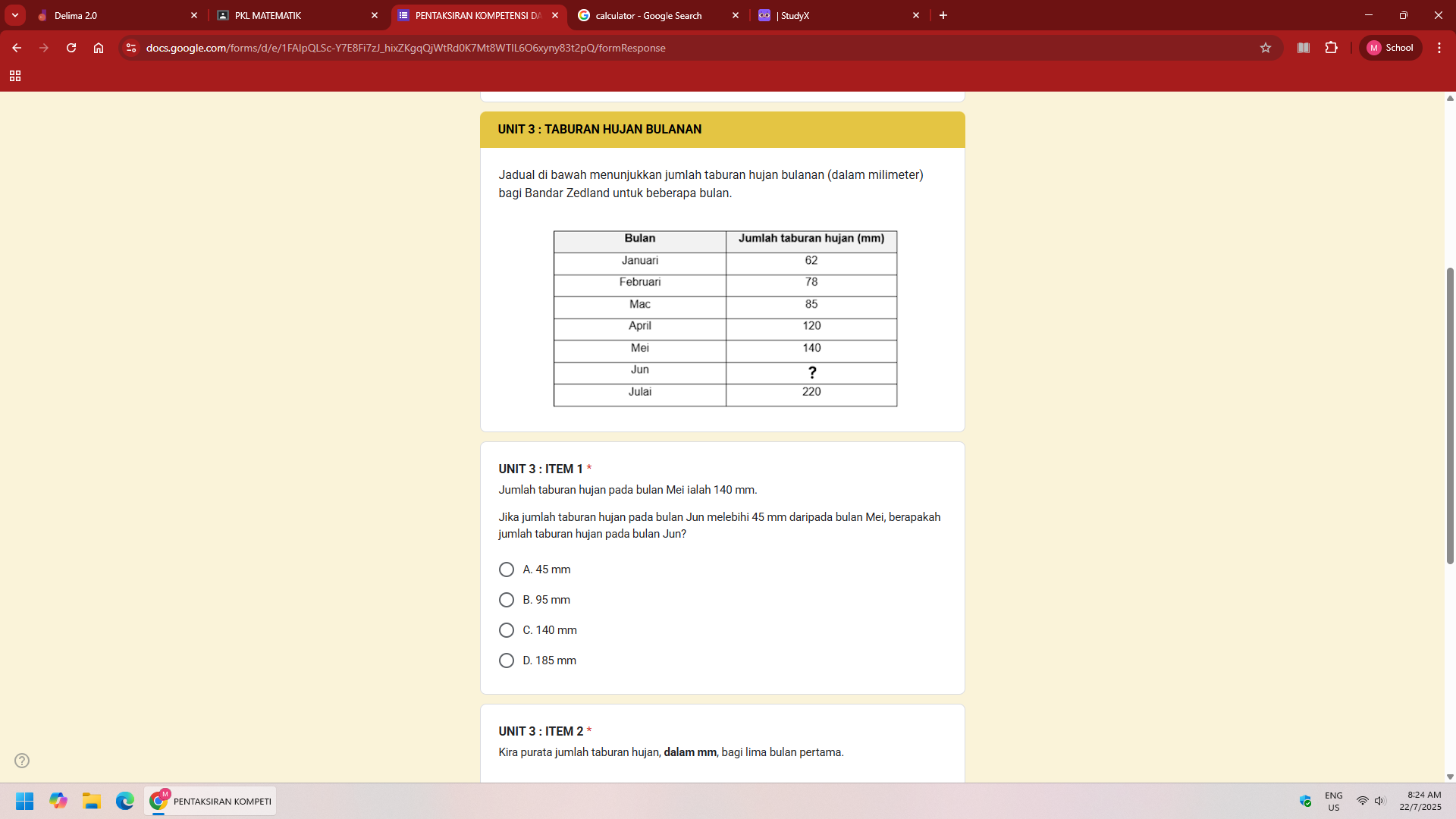 UNIT 3: ITEM 1 * Jumlah taburan hujan pada | StudyX