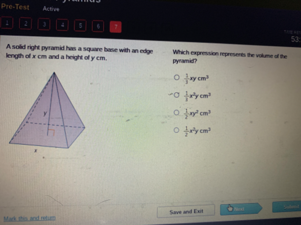 A solid right pyramid has a square base with