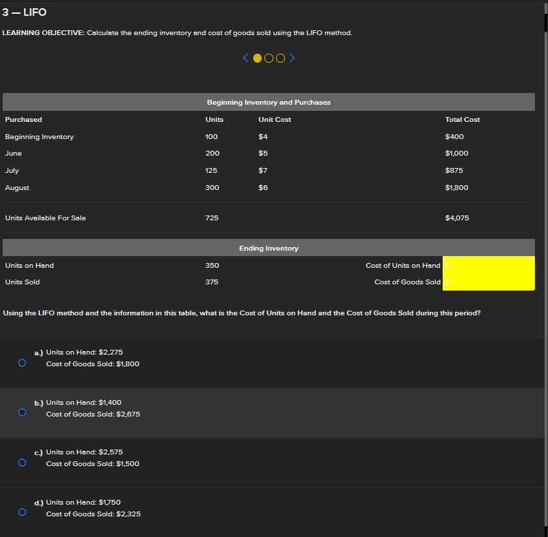 3 - LIFO LEARNING OBJECTIVE: Calculate the | StudyX