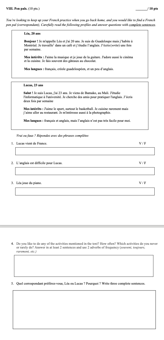 VIII. Pen pals. (10 pts.) You're looking to | StudyX