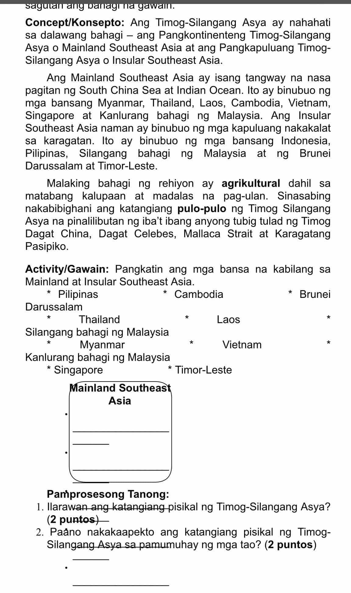 Activity/Gawain: Pangkatin ang mga bansa na | StudyX