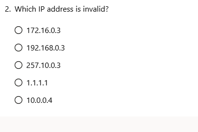2. Which IP address is invalid? 172.16.0.3 | StudyX