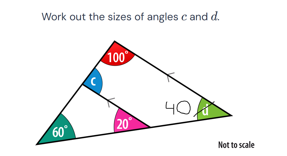 Work out the sizes of angles c and d. 100° | StudyX