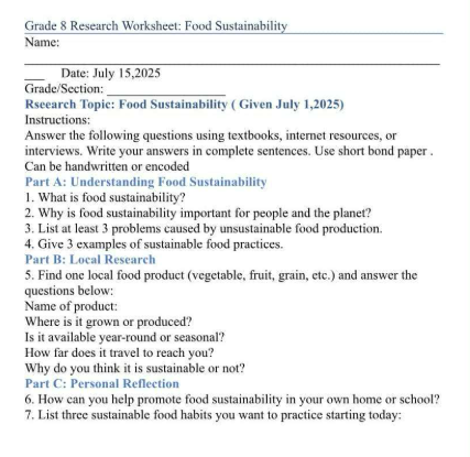 Grade 8 Research Worksheet: Food | StudyX
