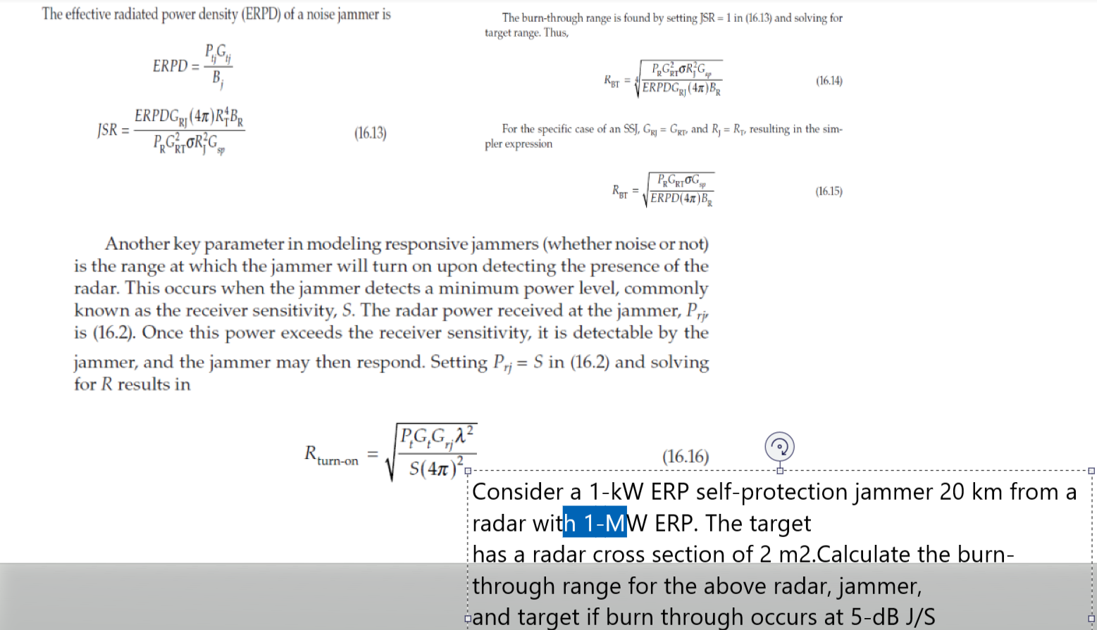 Consider a 1-kW ERP self-protection jammer | StudyX