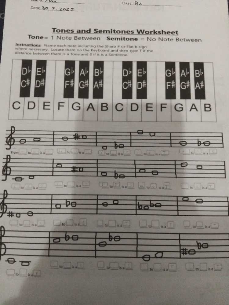 Tones and Semitones Worksheet Tone = 1 Note | StudyX