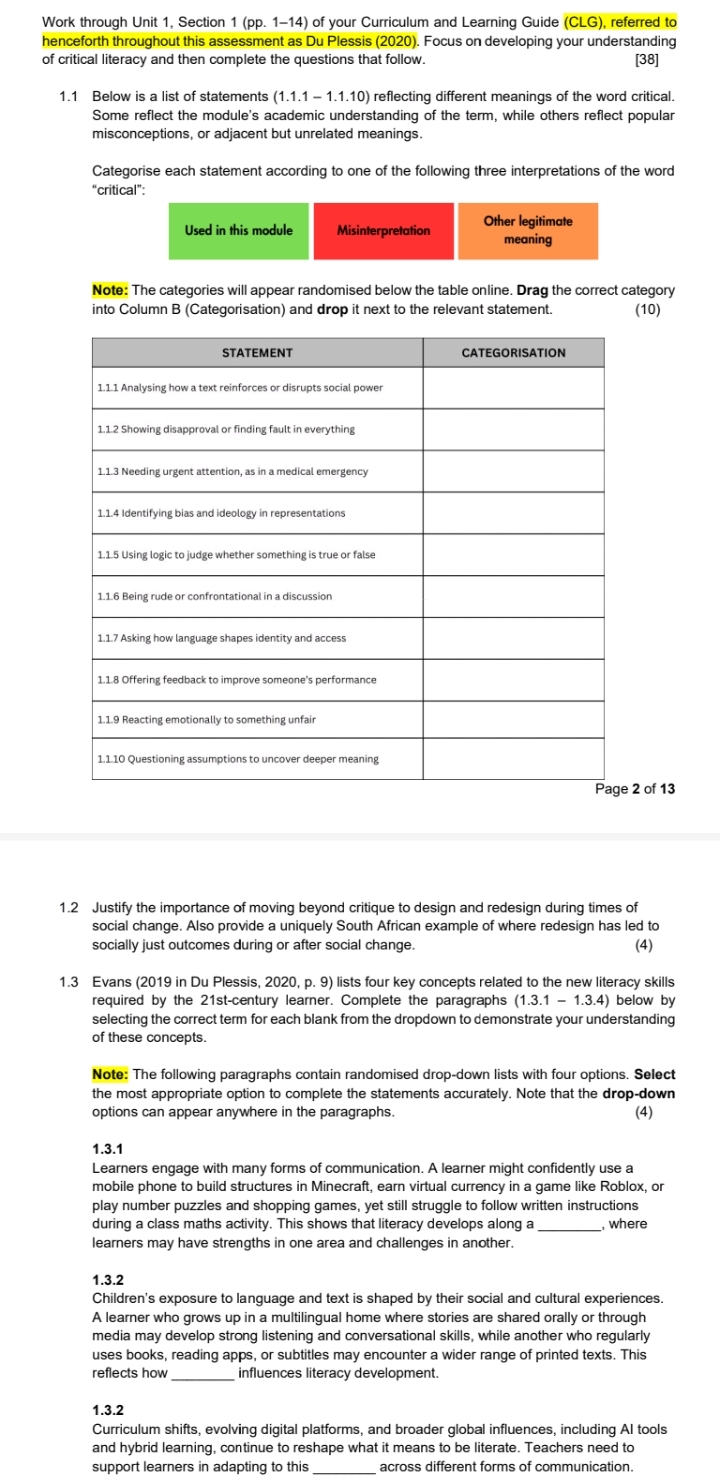1.1 Below is a list of statements (1.1.1 - | StudyX