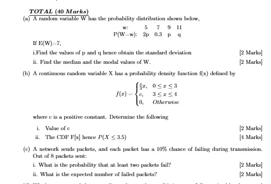 (a) A random variable W has the probability | StudyX