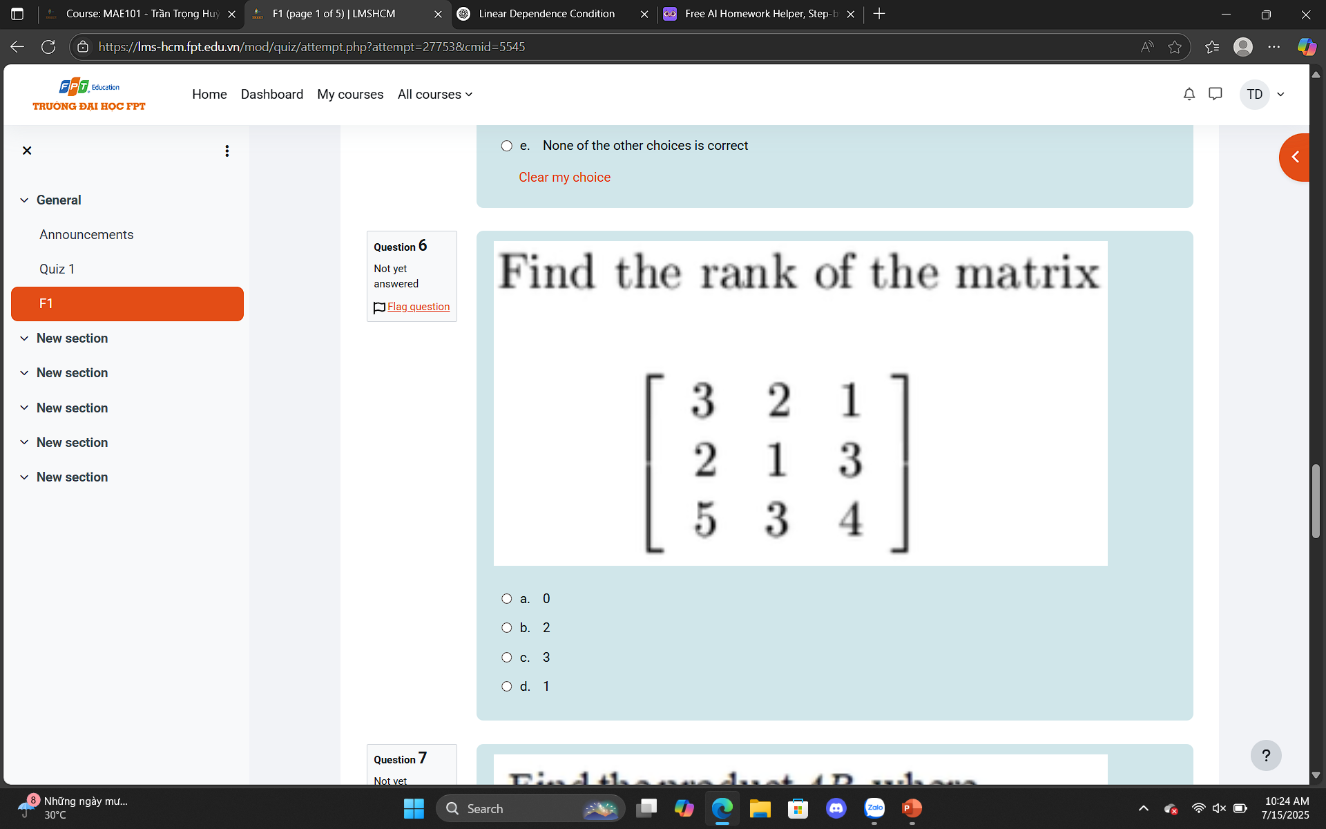 Find the rank of the matrix $ 3 2 1 \ | StudyX