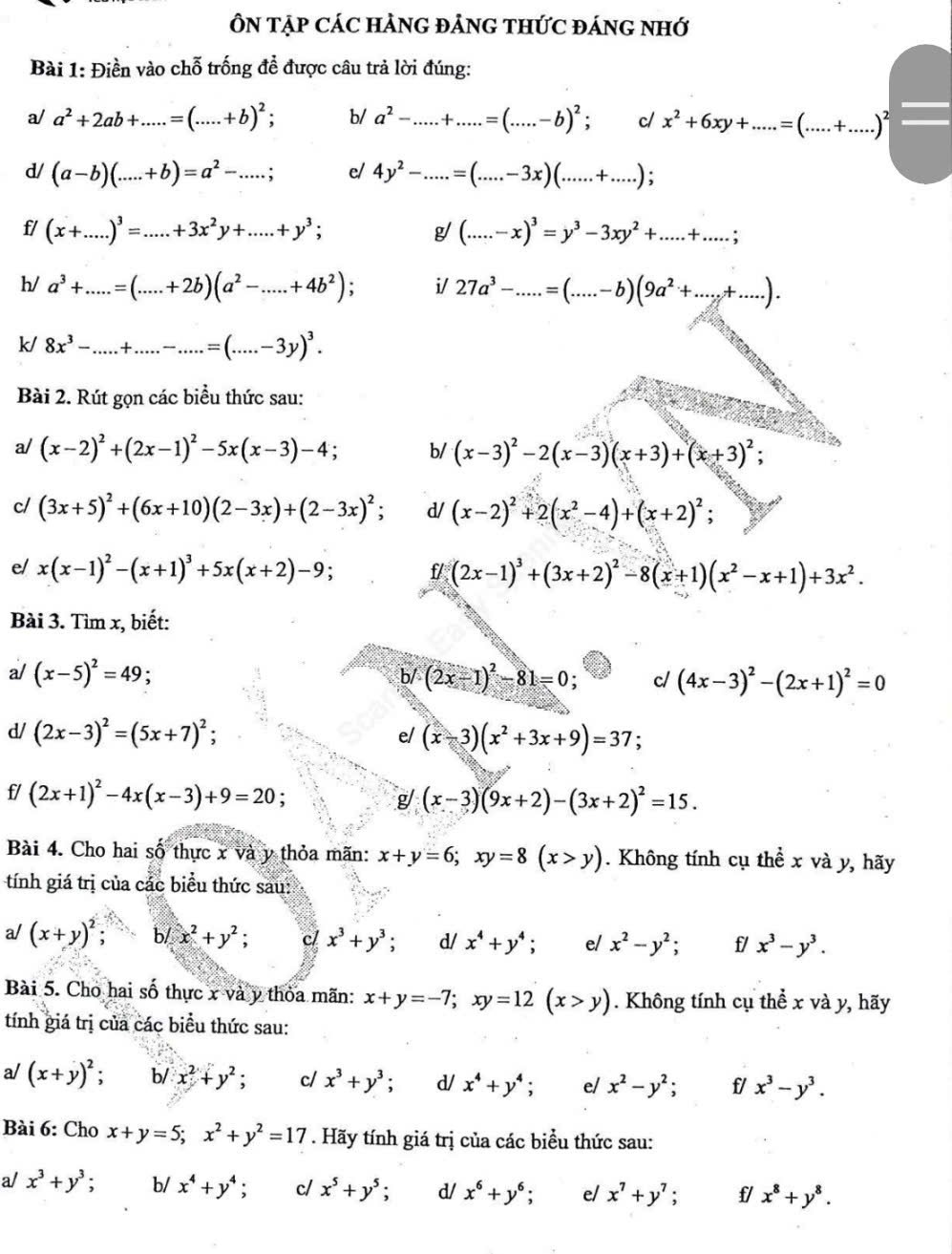 ÔN TẬP CÁC HẢNG ĐẢNG THỨC ĐÁNG NHỚ Bài 1: | StudyX