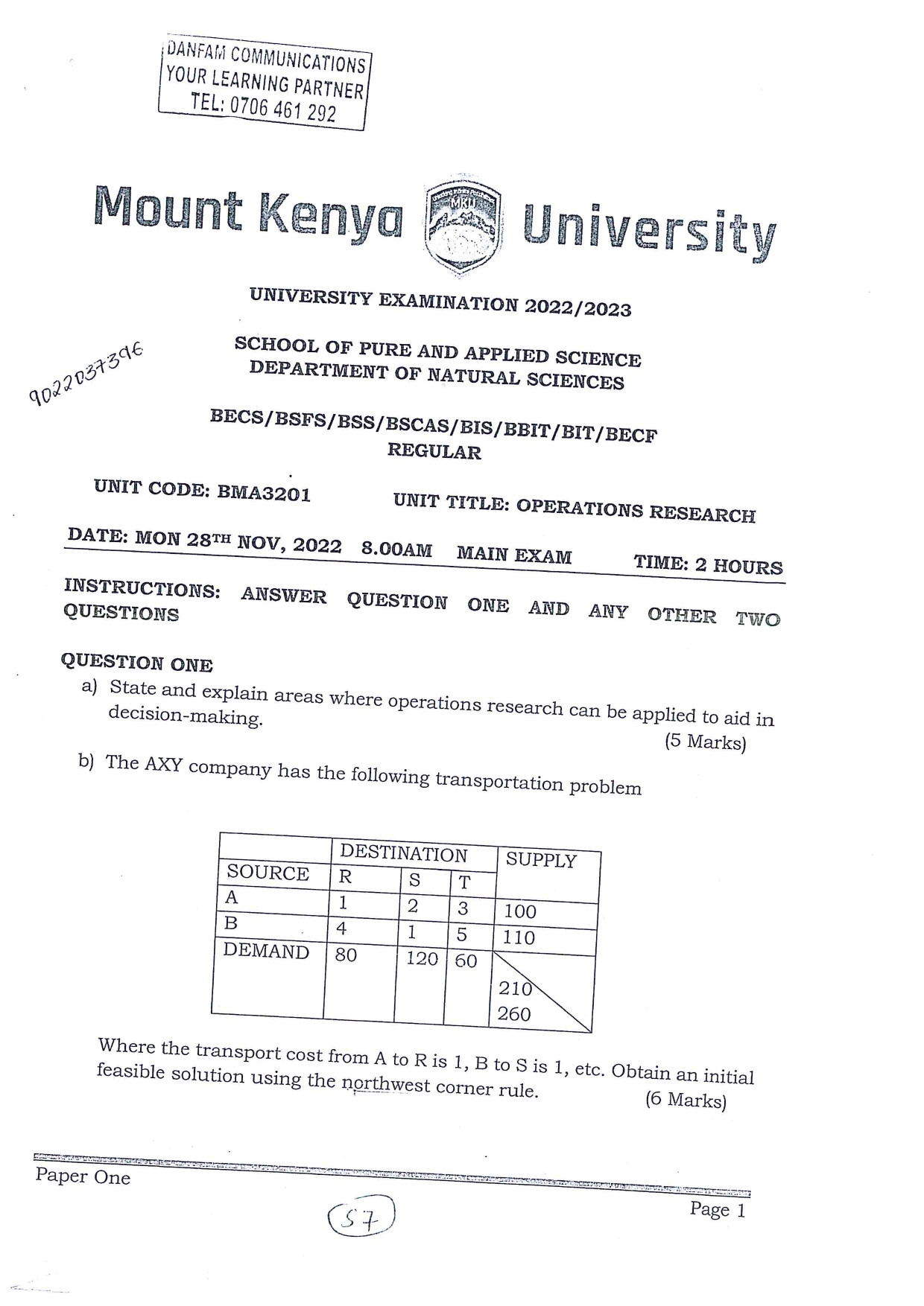 QUESTION ONE a) State and explain areas | StudyX