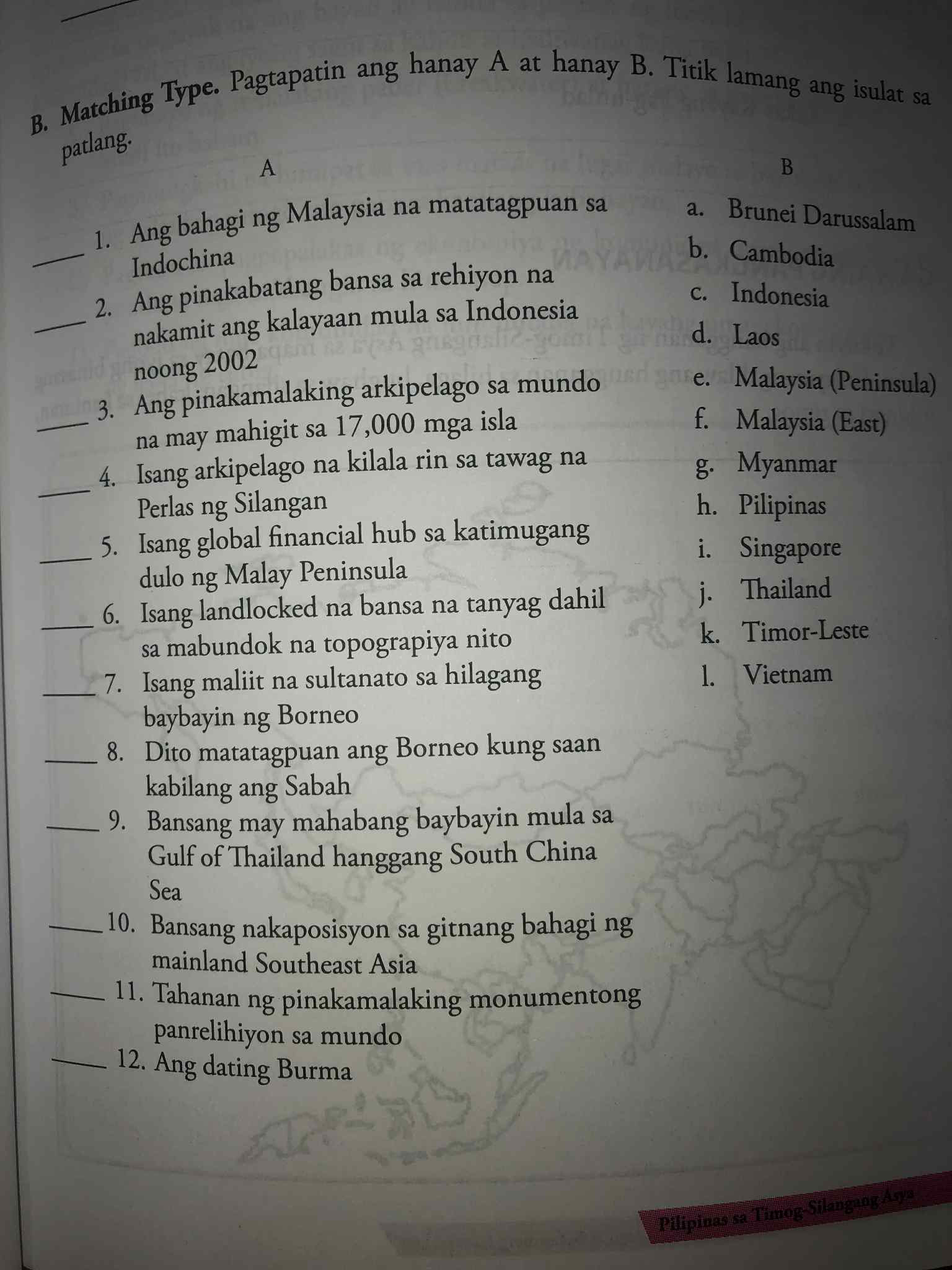 B. Matching Type. Pagtapatin ang hanay A at | StudyX