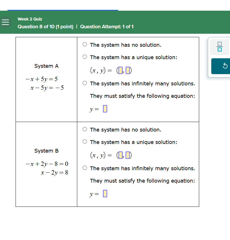 System A $-x + 5y = 5$ $x - 5y = -5$ The | StudyX