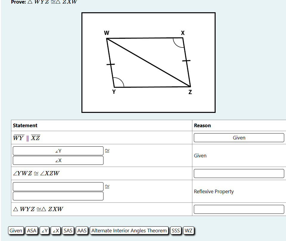 Prove: $ WYZ ZXW$ | Statement | Reason | StudyX