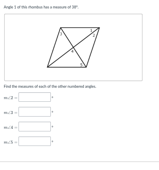 Angle 1 of this rhombus has a measure of