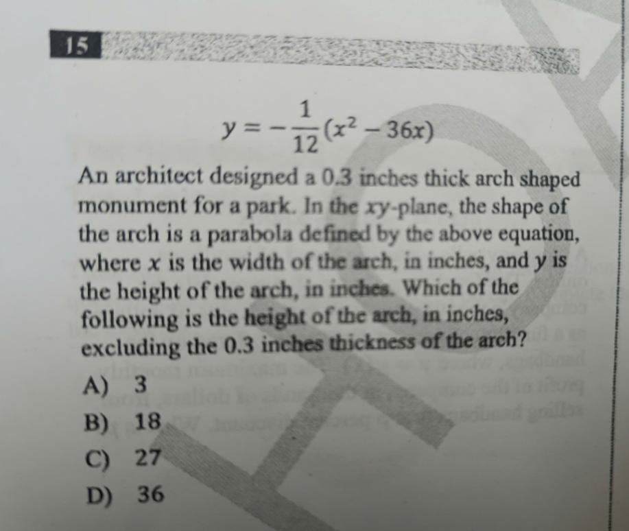 y = - {1}{12}(x^2 - 36x) An architect | StudyX