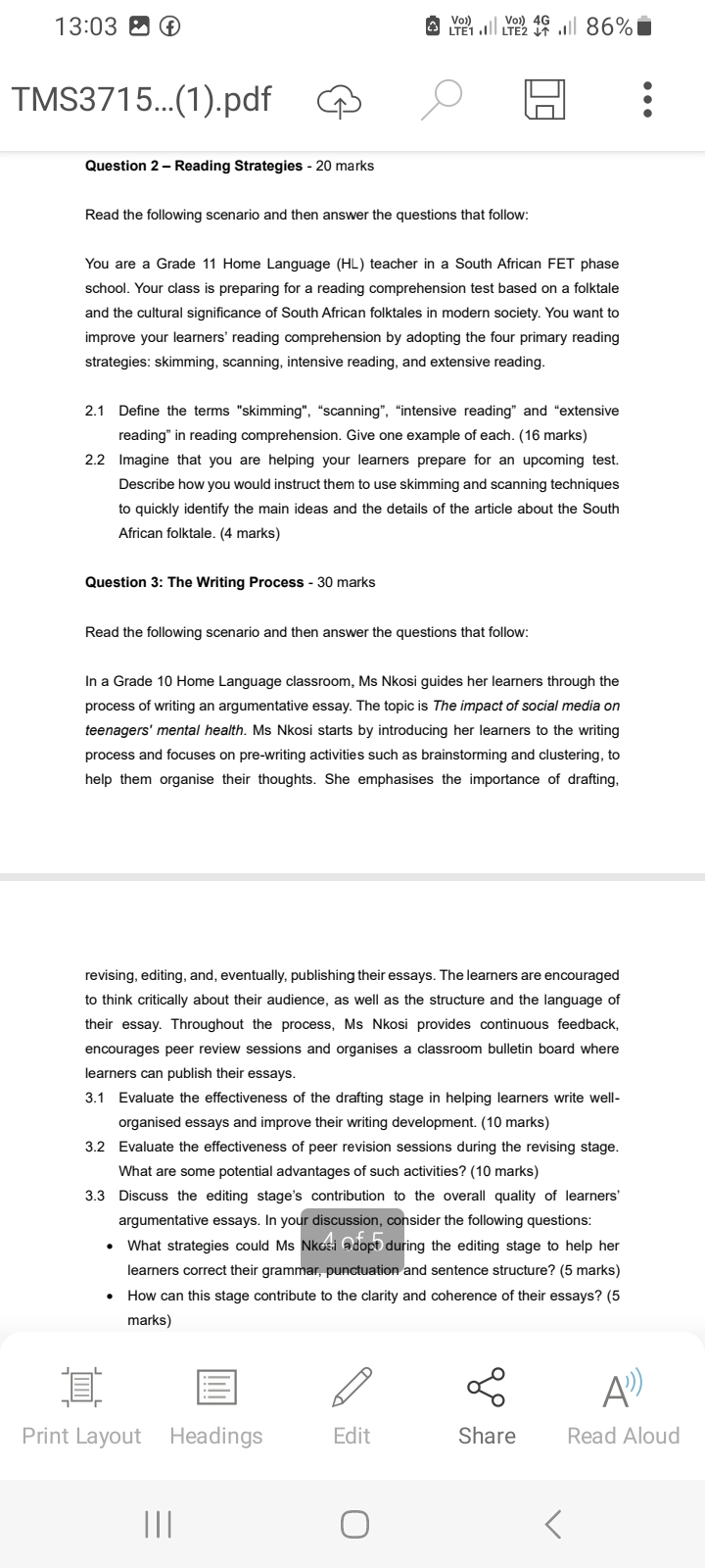 Question 2 - Reading Strategies - 20 marks | StudyX