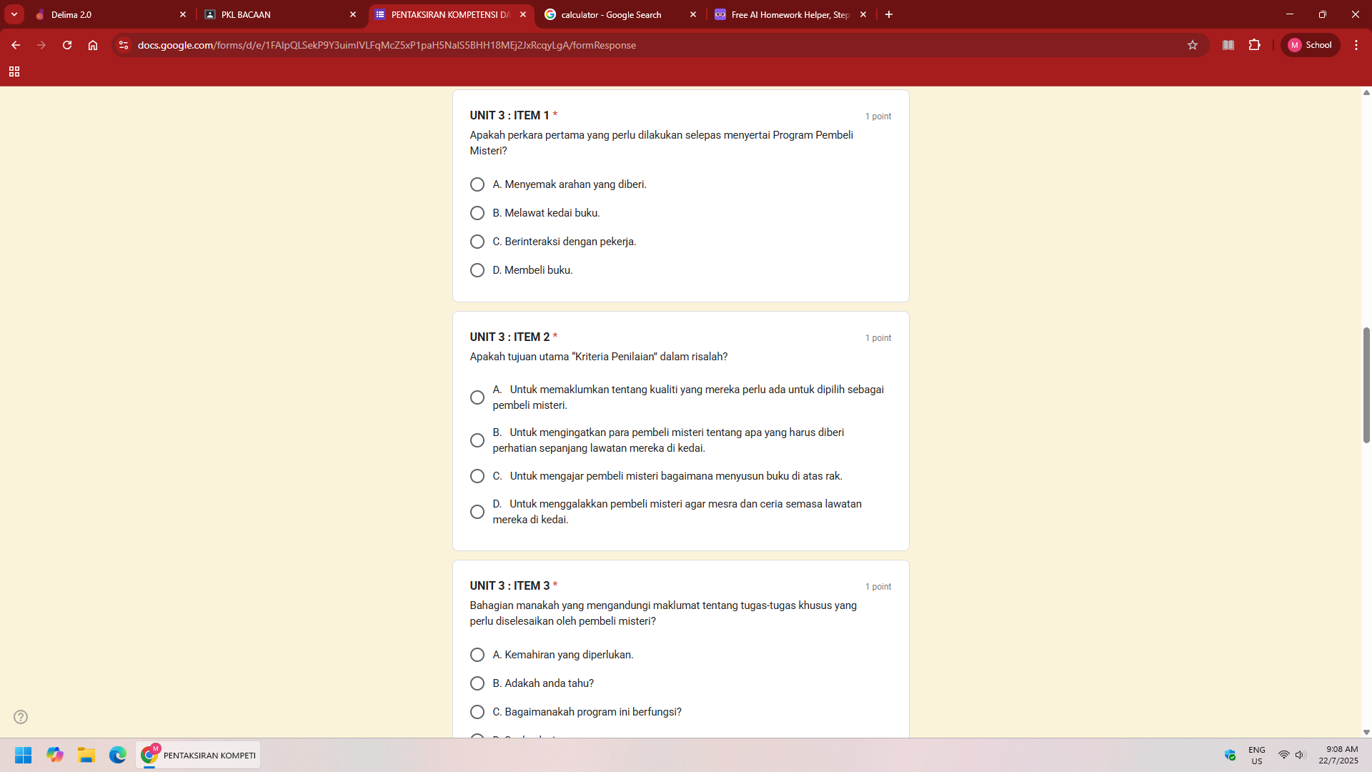 UNIT 3 : ITEM 1 1 point Apakah perkara | StudyX