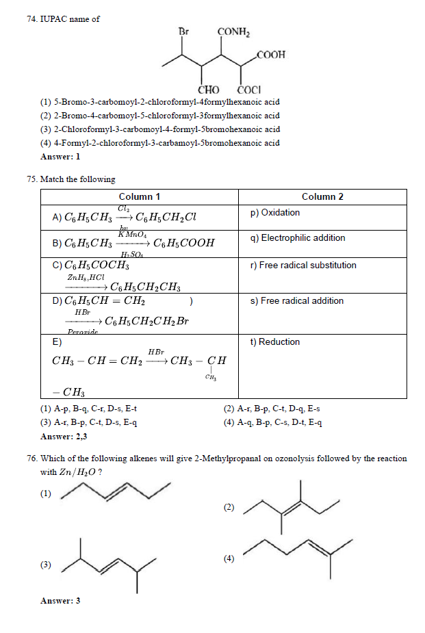 76. Which of the following alkenes will give | StudyX