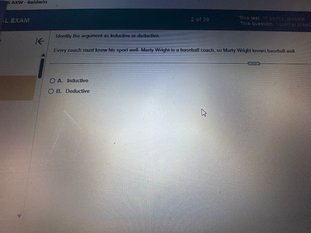 Identify the argument as inductive or | StudyX