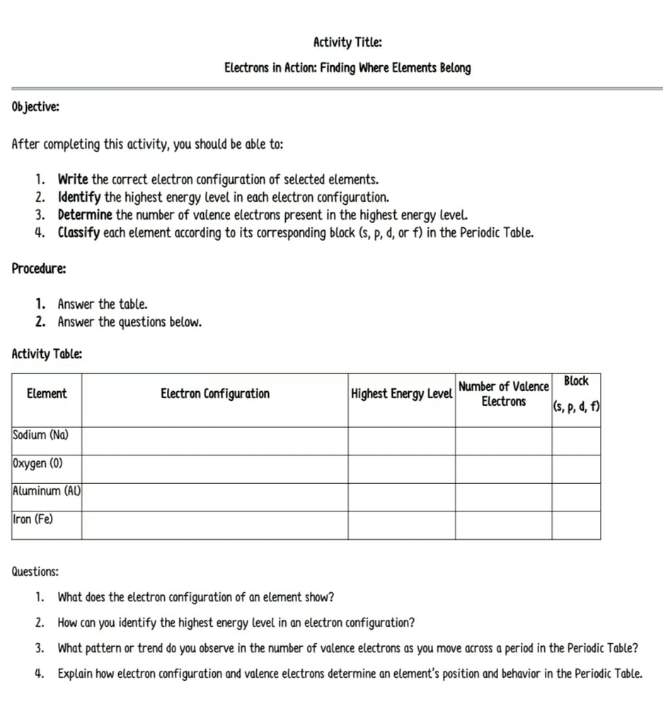Activity Table: | Element | Electron | StudyX